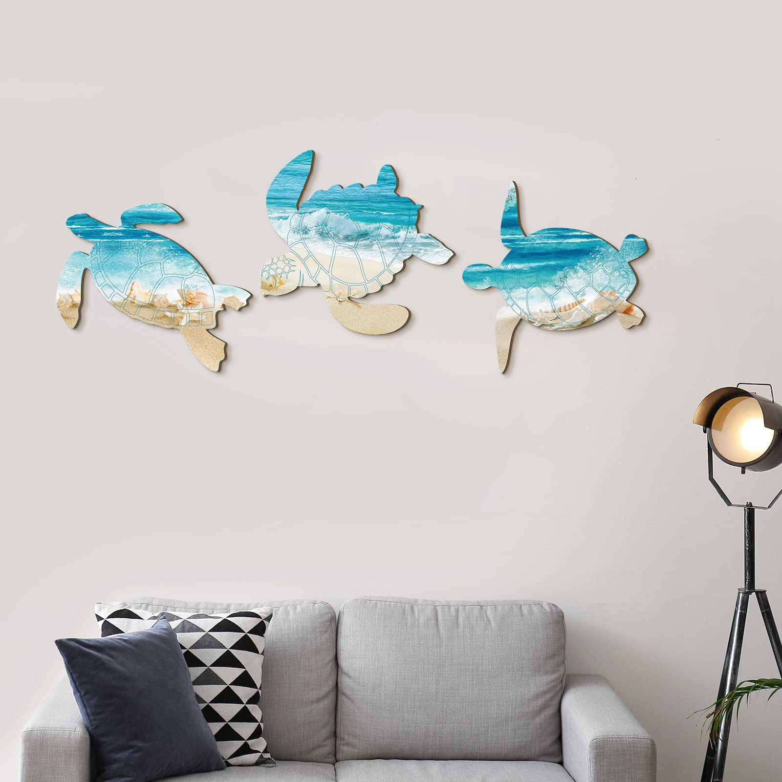 Tatuo Summer Coastal Wall Decor Beach Wall Art Decor Blue Sea Turtle Surfboard Seahorse Starfish Seashell Conches Crabs Sea Life Decor for Bathroom Bedroom Home(3 Pcs, Fresh Turtle Style)