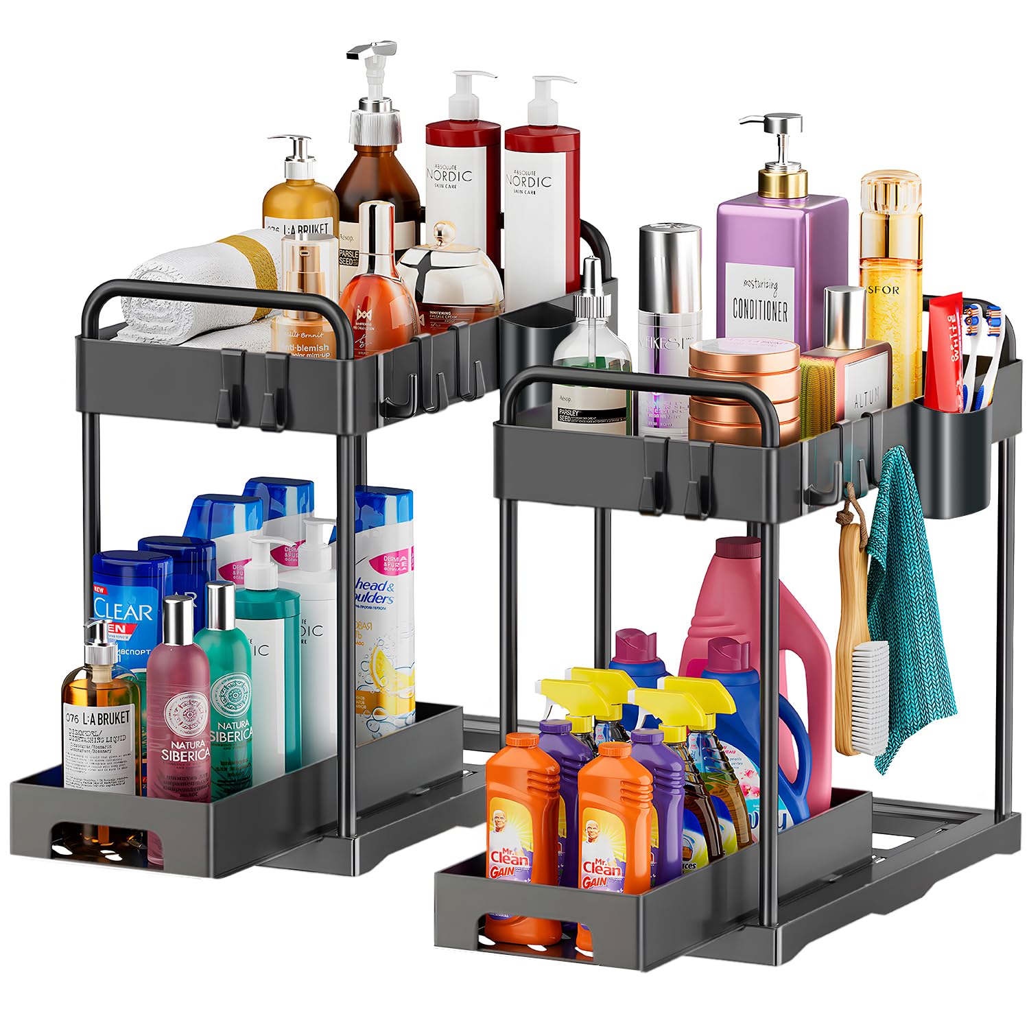 Under Sink Organizers and Storage, 2 Pack 2 Tier Kitchen Organization with Pull out Sliding Drawer, Storage Cabinet Basket Shelves Organizer Home Essential for Bathroom, Laundry, Makeup Vanity, Office