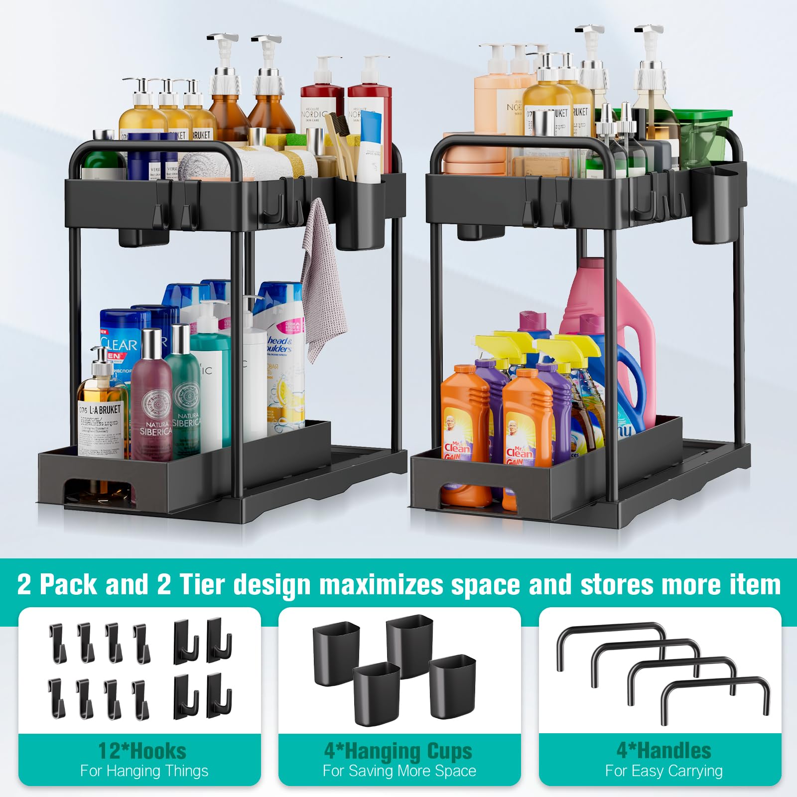 Under Sink Organizers and Storage, 2 Pack 2 Tier Kitchen Organization with Pull out Sliding Drawer, Storage Cabinet Basket Shelves Organizer Home Essential for Bathroom, Laundry, Makeup Vanity, Office