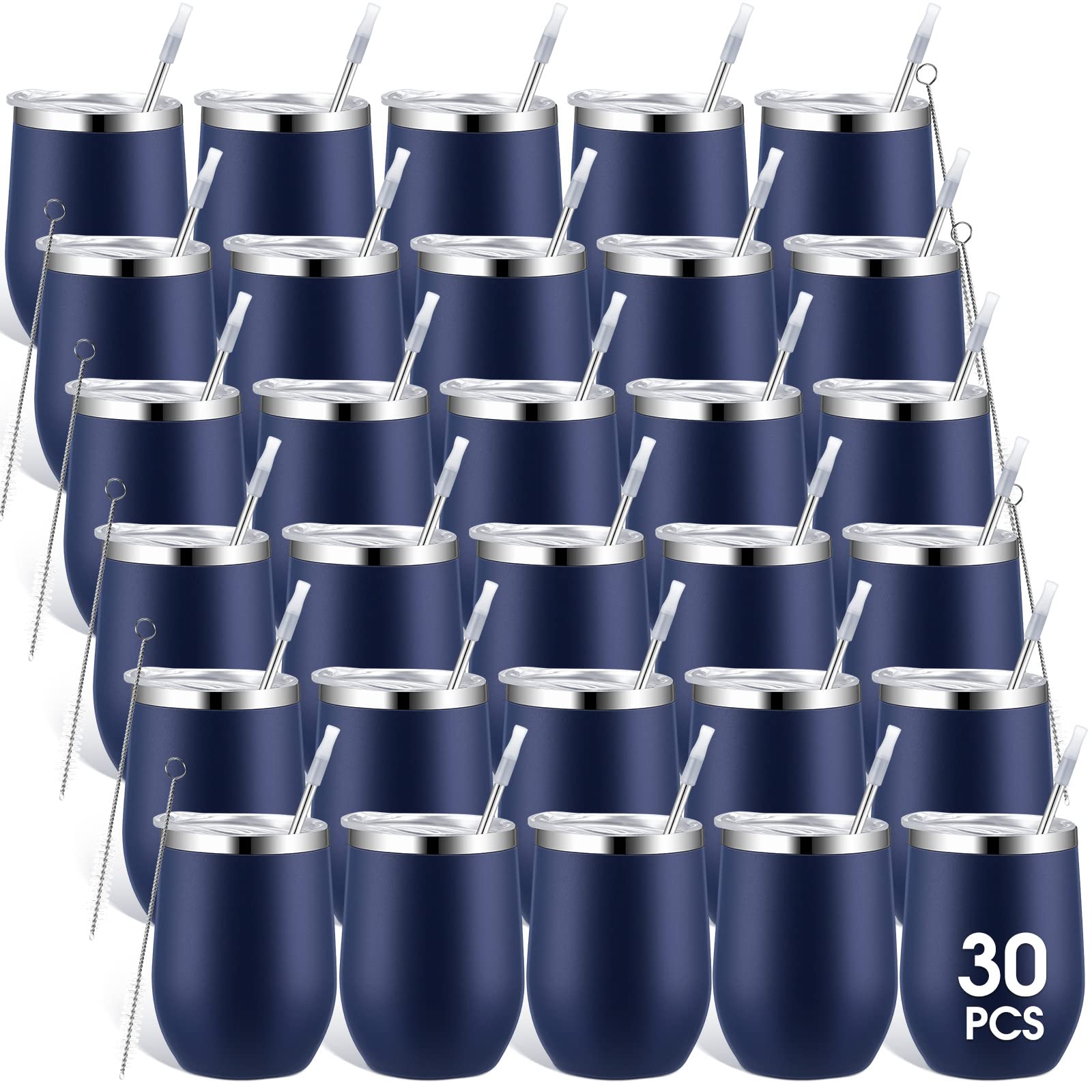 30 Pieces 12 oz Stainless Steel Wine Tumbler Bulk Double Wall Vacuum Insulated Wine Glasses with Lids and Straws Travel Mugs Coffee Tumbler Cups for Wedding Birthday Party Favor Gifts (Navy Blue)