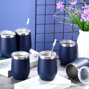 30 Pieces 12 oz Stainless Steel Wine Tumbler Bulk Double Wall Vacuum Insulated Wine Glasses with Lids and Straws Travel Mugs Coffee Tumbler Cups for Wedding Birthday Party Favor Gifts (Navy Blue)