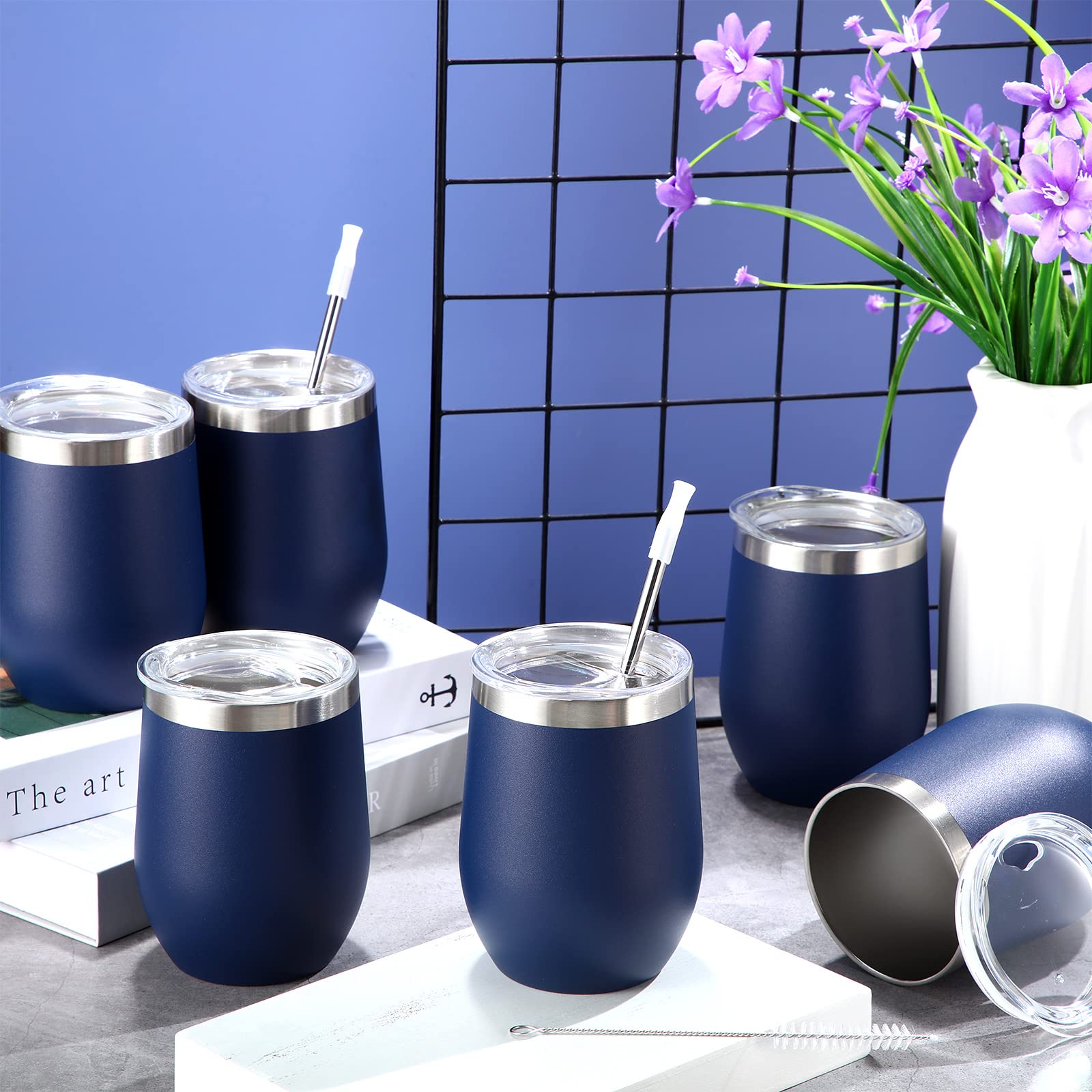 30 Pieces 12 oz Stainless Steel Wine Tumbler Bulk Double Wall Vacuum Insulated Wine Glasses with Lids and Straws Travel Mugs Coffee Tumbler Cups for Wedding Birthday Party Favor Gifts (Navy Blue)