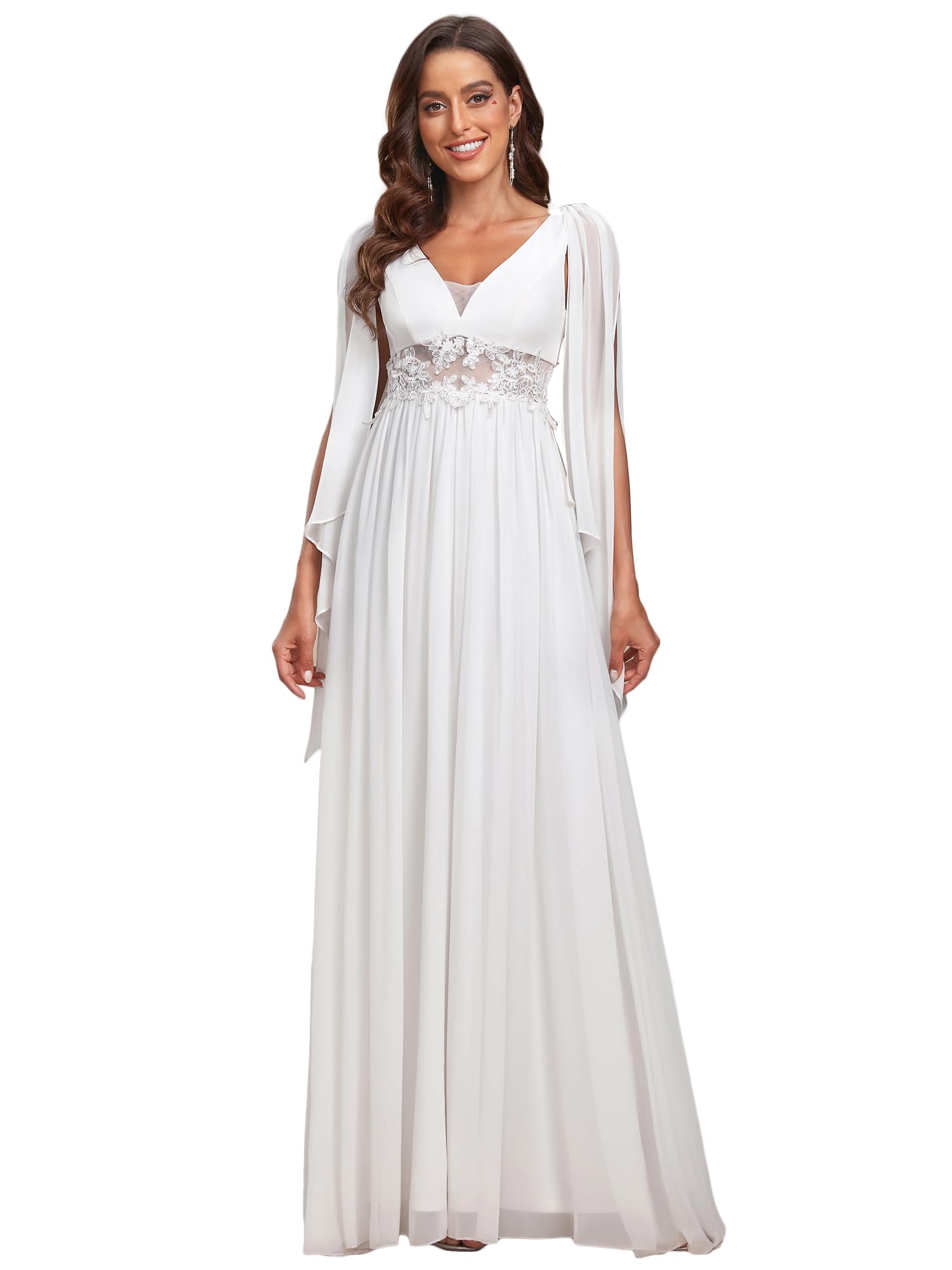 Ever-Pretty Women's Illusion Long Appliques A-line Chiffon Summer Wedding Dresses White US4