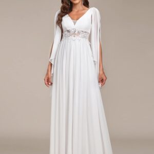 Ever-Pretty Women's Illusion Long Appliques A-line Chiffon Summer Wedding Dresses White US4