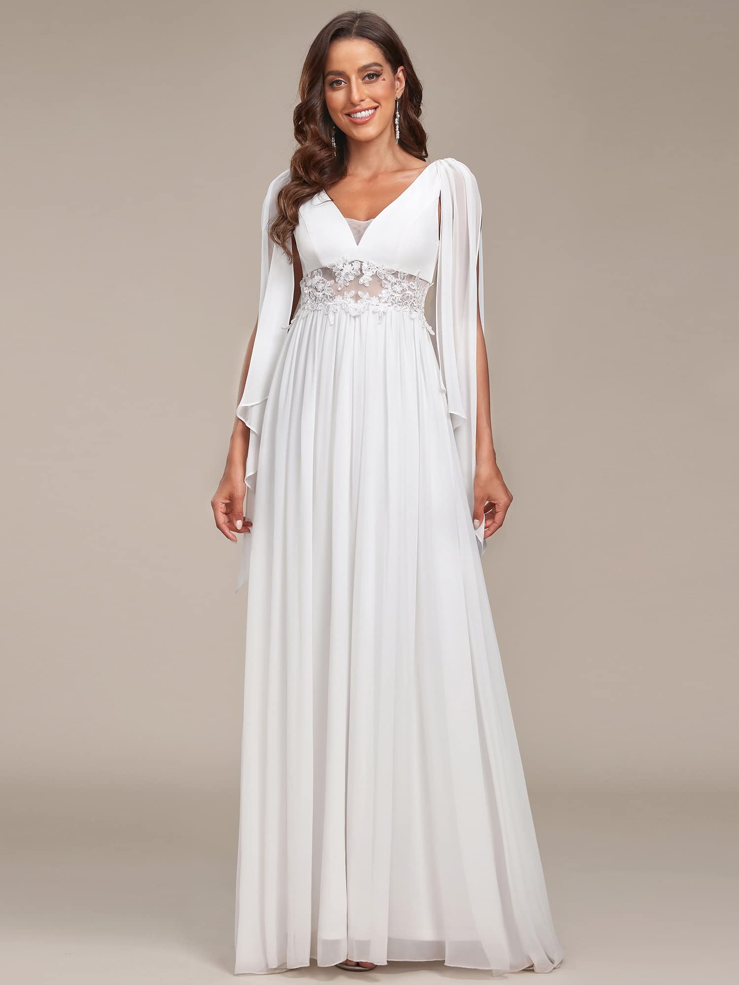 Ever-Pretty Women's Illusion Long Appliques A-line Chiffon Summer Wedding Dresses White US4