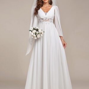 Ever-Pretty Women's Illusion Long Appliques A-line Chiffon Summer Wedding Dresses White US4