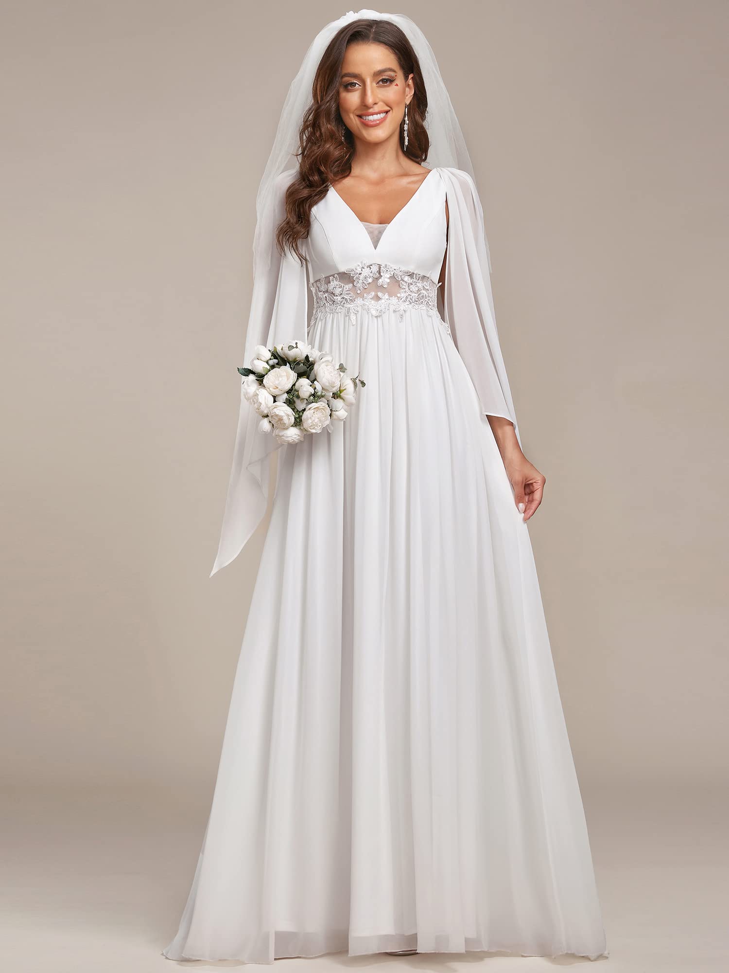 Ever-Pretty Women's Illusion Long Appliques A-line Chiffon Summer Wedding Dresses White US4