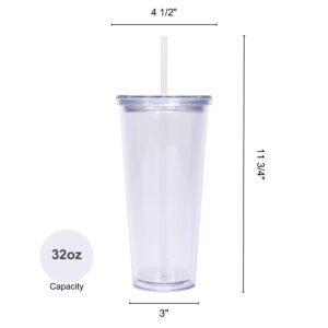 Zephyr Canyon 32oz Double Wall Plastic Tumblers with Lids and Straws | Extra Large Classic Travel Tumbler | 2 Pack Set of 2 | Clear Reusable Cups with Straws | BPA Free