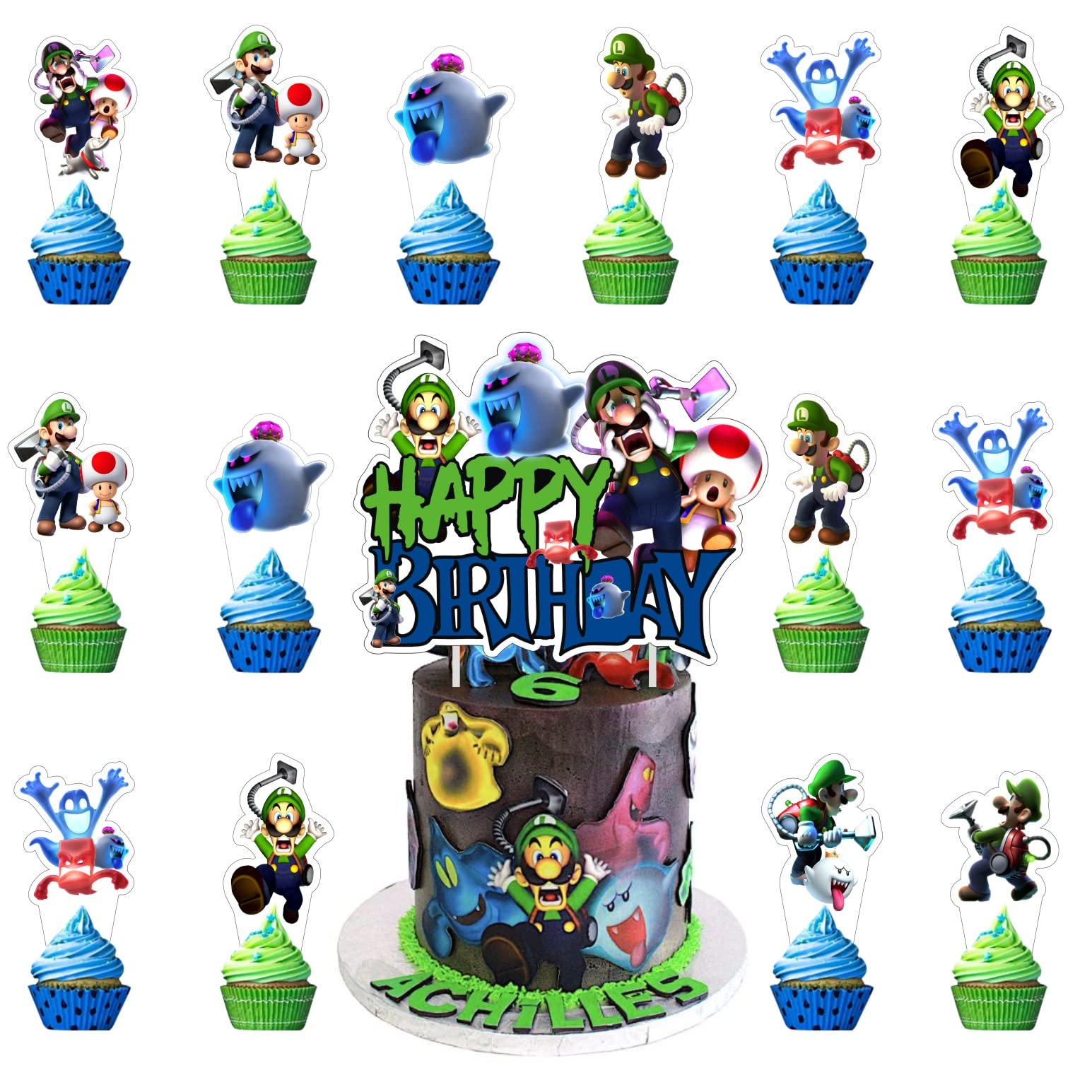 25pcs Luigi Mansion Cake Decorations with 1pcs Cake Topper, 24pcs Cupcake Toppers for Luigi Mansion Birthday Party Supplies