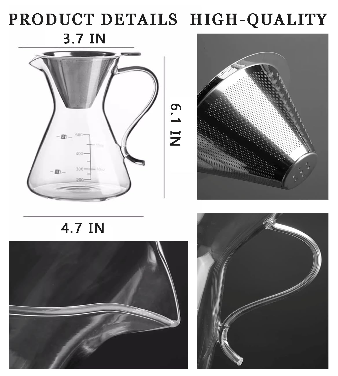 COFISUKI Pour Over Coffee Maker - Elegant Drip Coffee Maker with Reusable Stainless Steel Filter/Dripper, Lead-Free Borosilicate Glass Coffee Carafe for 1-4Cup (500ml/17oz)