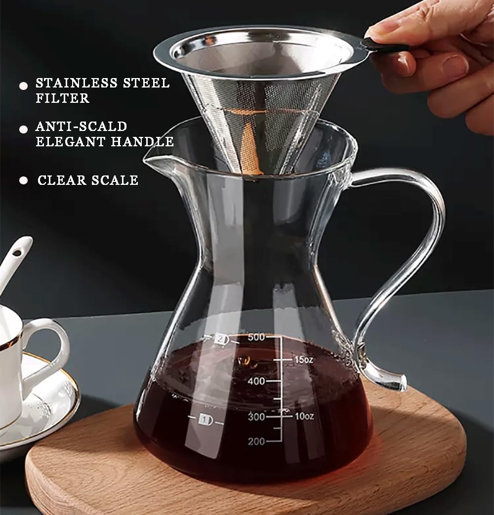 COFISUKI Pour Over Coffee Maker - Elegant Drip Coffee Maker with Reusable Stainless Steel Filter/Dripper, Lead-Free Borosilicate Glass Coffee Carafe for 1-4Cup (500ml/17oz)