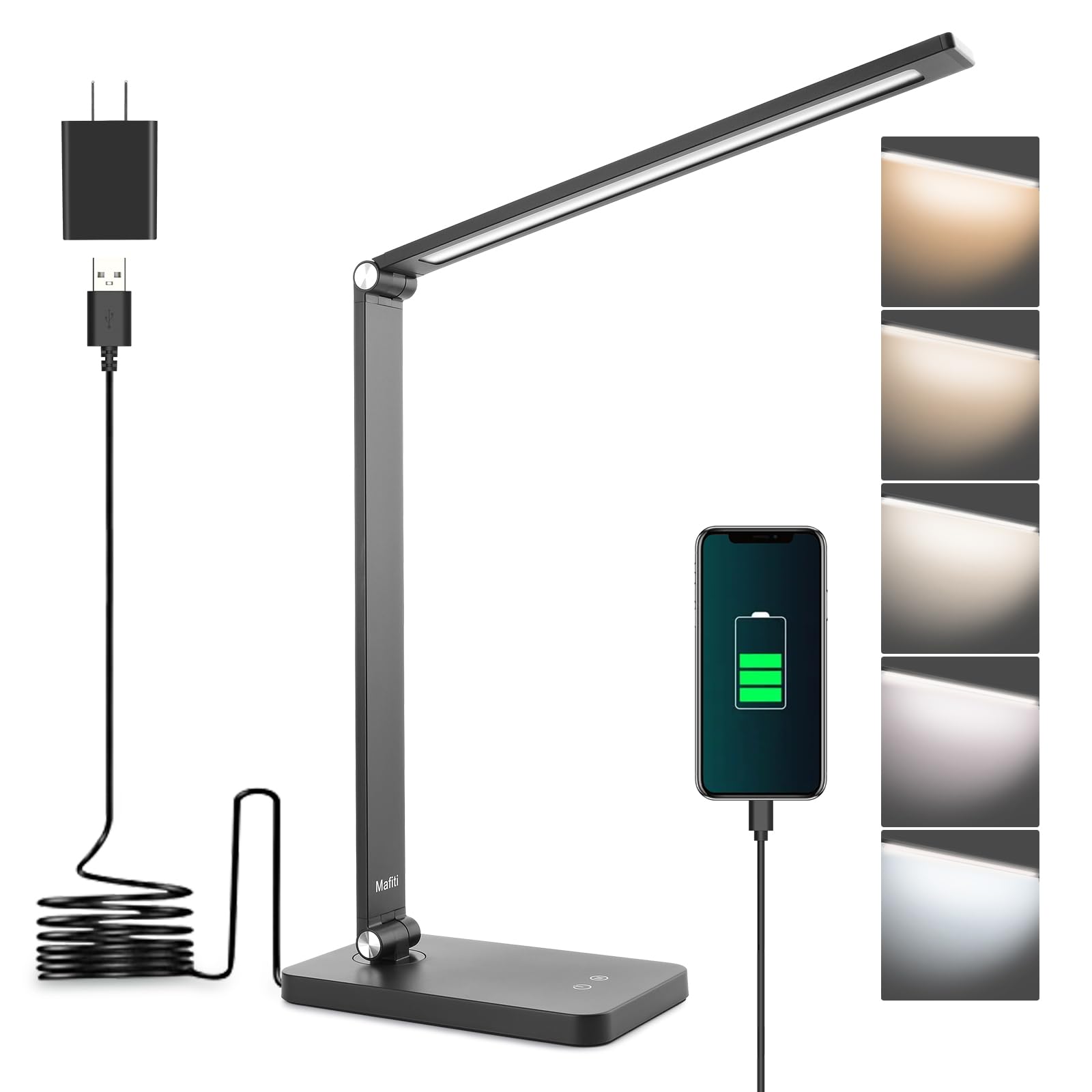 mafiti LED Desk Lamp Dimmable Table Lamp 5 Lighting Modes 3 Brightness Levels Foldable Desk Light Lamp for Home Office with Adjustable Arm, USB Charging Port, Touch Control,Bedside Lamp Reading Study