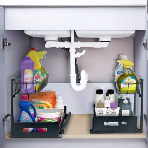 Under Sink Organizers and Storage,2-Tier L-Shaped Sliding Kitchen and Bathroom Cabinet Organizer,Pull-Out Double Shelf Drawer,Under Sink Shelf,Cabinet Organizer for Kitchen and Bathroom Storage