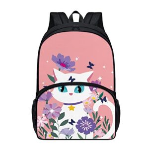 kawaii white cat print backpack cute floral backpack pink school backpack elementary or middle school lightweight large capacity backpack adjustable shoulder strap bookbags for girls boys