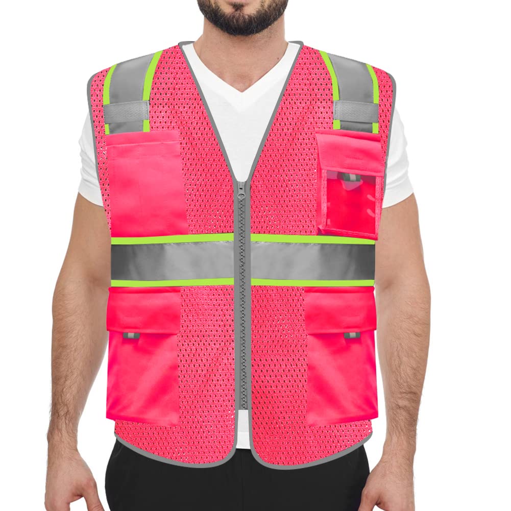 HYCOPROT High Visibility Mesh Reflective Safety Vests with Pockets and Zipper, Meets ANSI/ISEA Standards (Pink, Small)