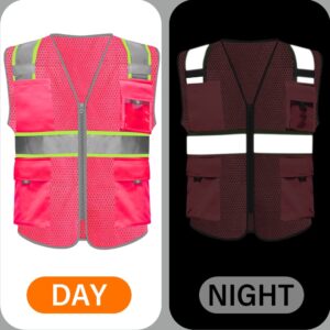 HYCOPROT High Visibility Mesh Reflective Safety Vests with Pockets and Zipper, Meets ANSI/ISEA Standards (Pink, Small)