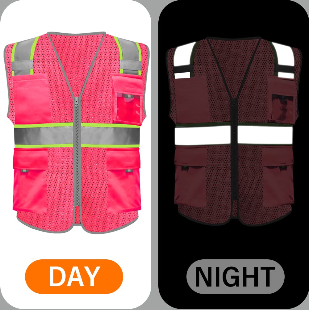 HYCOPROT High Visibility Mesh Reflective Safety Vests with Pockets and Zipper, Meets ANSI/ISEA Standards (Pink, Small)