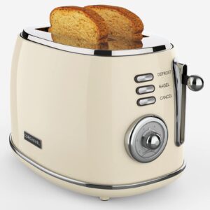 corchevel retro 2 slice stainless steel toaster with removable crumb tray, 6 bread shade settings, bagel, defrost and cancel options (white)