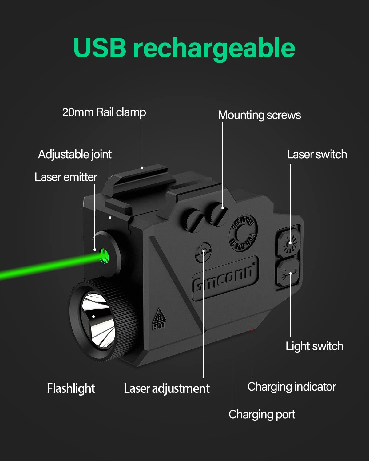 Gmconn Green Laser Light Combo, Tactical Pistol Light 800 Lumen LED Flashlight with Green Beam for Glock Taurus