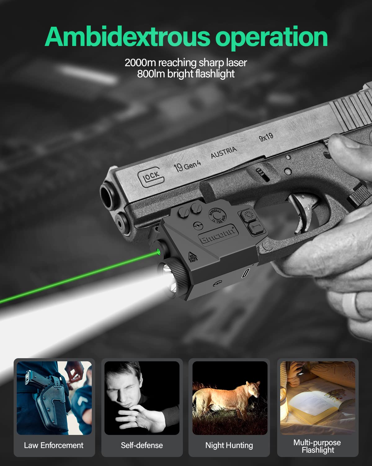 Gmconn Green Laser Light Combo, Tactical Pistol Light 800 Lumen LED Flashlight with Green Beam for Glock Taurus