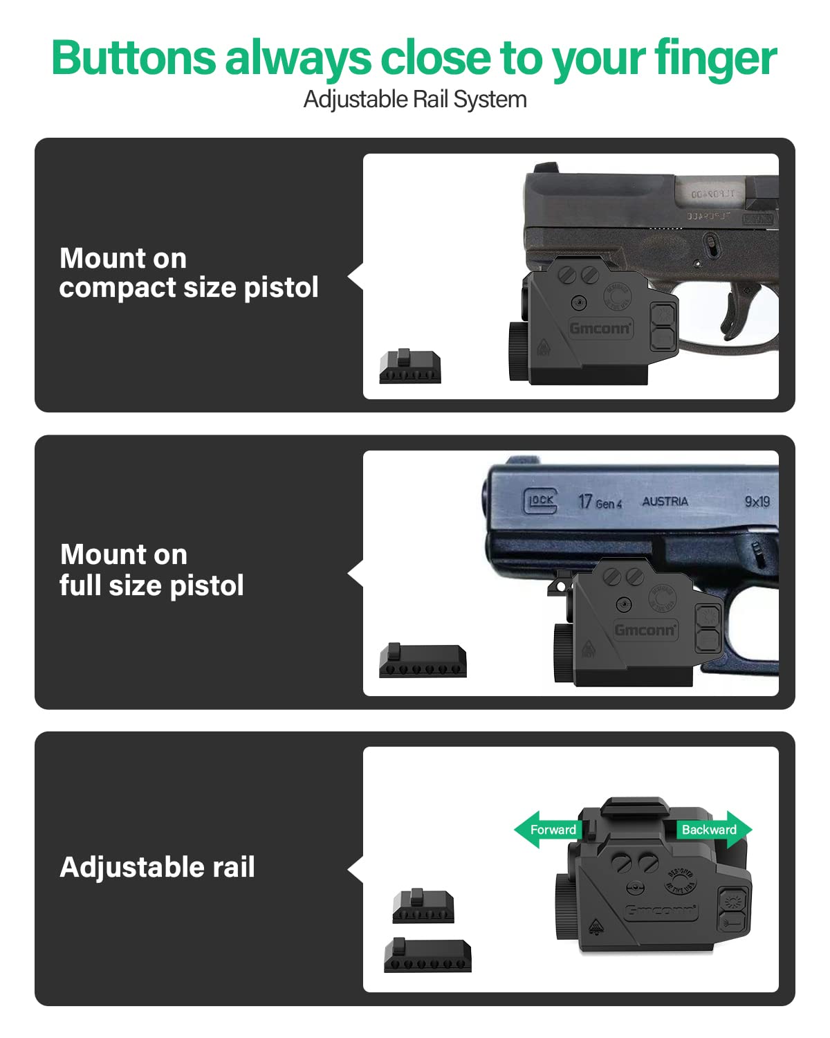 Gmconn Green Laser Light Combo, Tactical Pistol Light 800 Lumen LED Flashlight with Green Beam for Glock Taurus