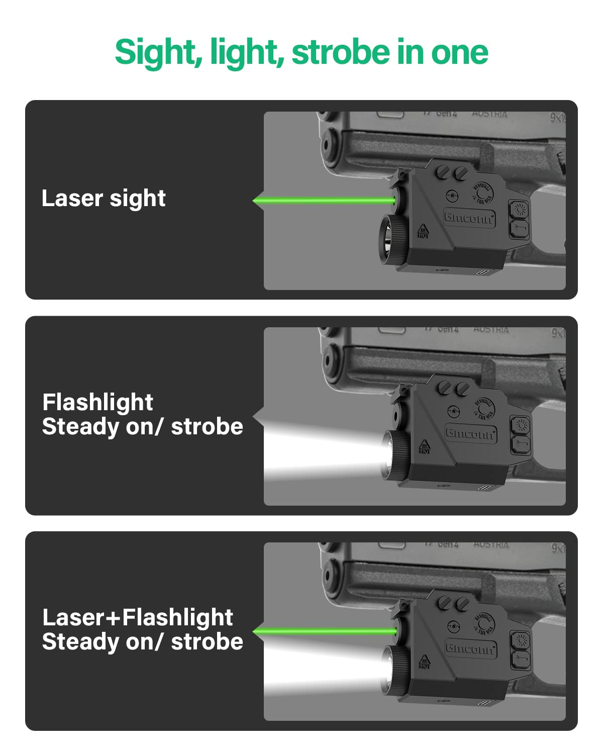 Gmconn Green Laser Light Combo, Tactical Pistol Light 800 Lumen LED Flashlight with Green Beam for Glock Taurus