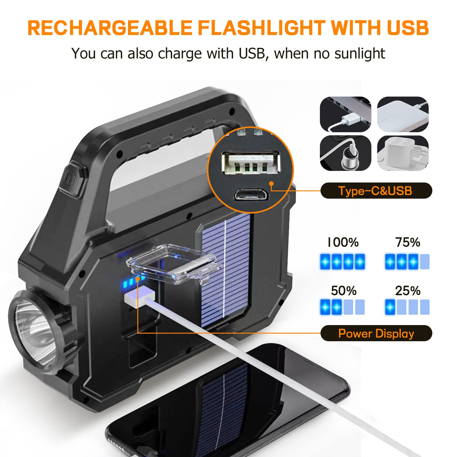 Solar Handheld Flashlight with USB Cable, 6 Modes Rechargeable Multifunction Lights Super Bright LED Searchlight, Lightweight Waterproof Portable Spotlight for Fishing Outdoor Camping Emergencies