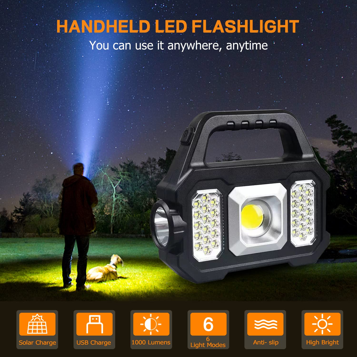 Solar Handheld Flashlight with USB Cable, 6 Modes Rechargeable Multifunction Lights Super Bright LED Searchlight, Lightweight Waterproof Portable Spotlight for Fishing Outdoor Camping Emergencies