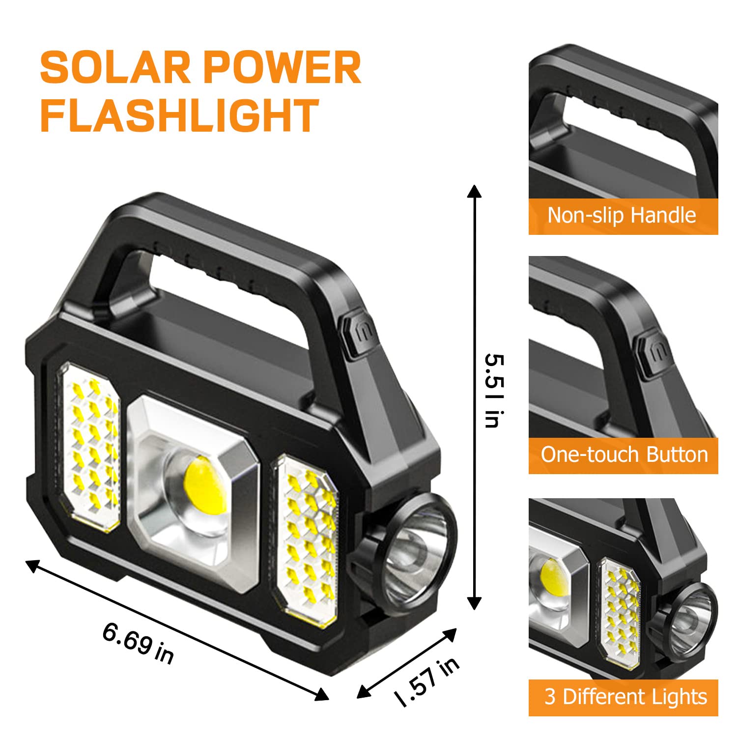 Solar Handheld Flashlight with USB Cable, 6 Modes Rechargeable Multifunction Lights Super Bright LED Searchlight, Lightweight Waterproof Portable Spotlight for Fishing Outdoor Camping Emergencies