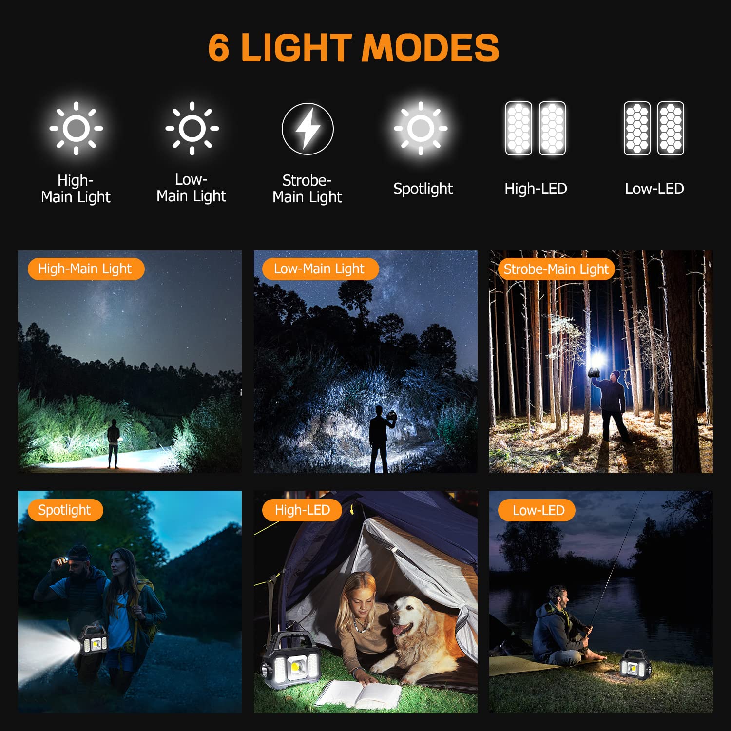 Solar Handheld Flashlight with USB Cable, 6 Modes Rechargeable Multifunction Lights Super Bright LED Searchlight, Lightweight Waterproof Portable Spotlight for Fishing Outdoor Camping Emergencies