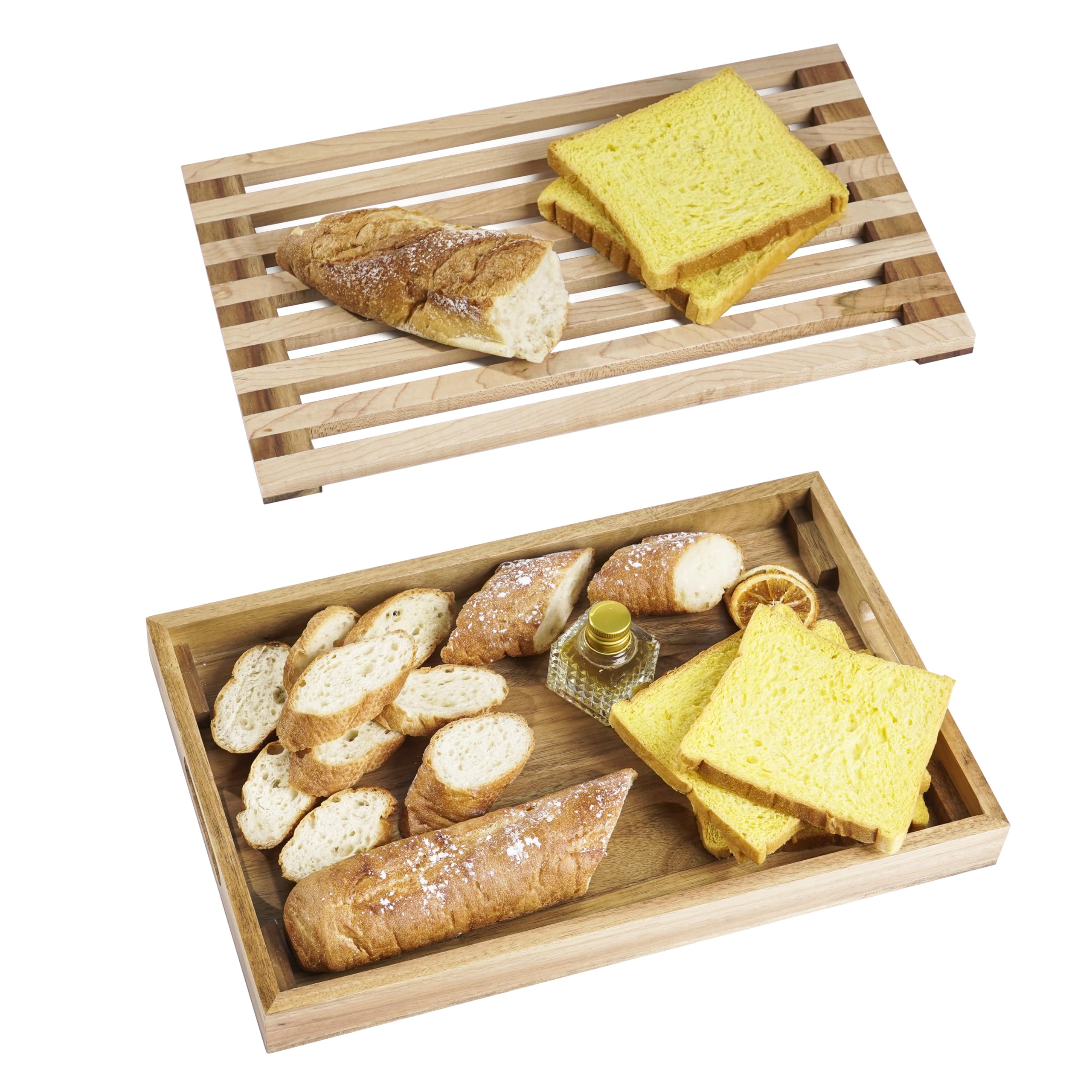 Nuvograin Wood Bread Cutting Board, Bread slicer,Crumb Tray with holder,Bread Serving Tray for Kitchen,Color combination design,Bread, Cake, Bagels, 9.53” Wide x 1.46"Tall