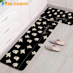 Mloabuc® Happy Haloween Kitchen Mat Set of 2, Black Spooky Decorative Funny Text Kitchen Rug, Holiday Anti Fatigue Waterproof Stain Resistant Floor Rug Non Slip Cushioned Floor Mat 17x29 and 17x47 in