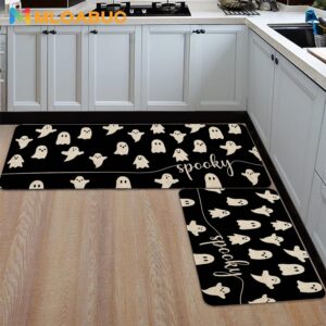 Mloabuc® Happy Haloween Kitchen Mat Set of 2, Black Spooky Decorative Funny Text Kitchen Rug, Holiday Anti Fatigue Waterproof Stain Resistant Floor Rug Non Slip Cushioned Floor Mat 17x29 and 17x47 in