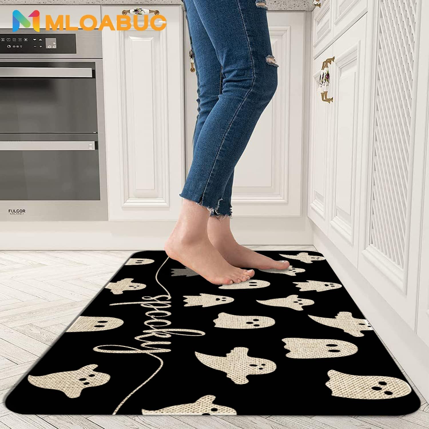 Mloabuc® Happy Haloween Kitchen Mat Set of 2, Black Spooky Decorative Funny Text Kitchen Rug, Holiday Anti Fatigue Waterproof Stain Resistant Floor Rug Non Slip Cushioned Floor Mat 17x29 and 17x47 in