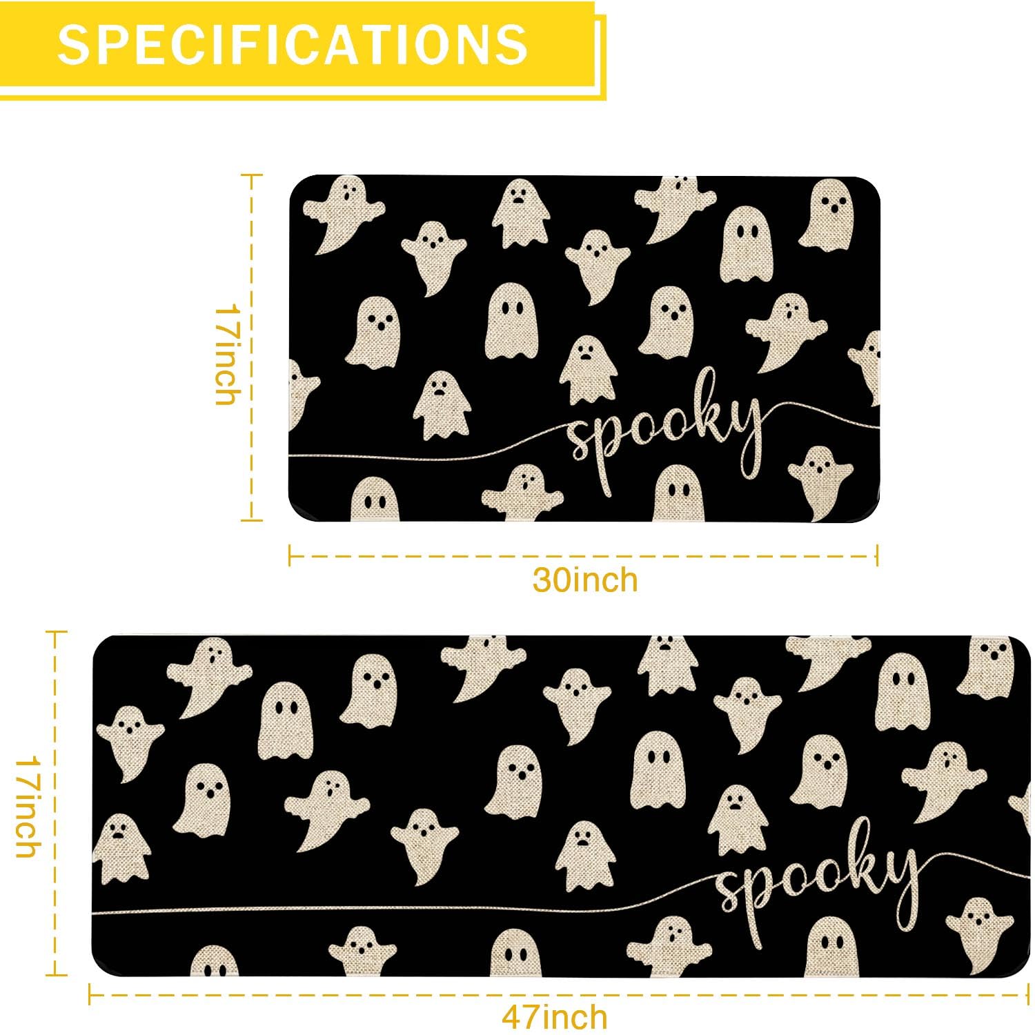 Mloabuc® Happy Haloween Kitchen Mat Set of 2, Black Spooky Decorative Funny Text Kitchen Rug, Holiday Anti Fatigue Waterproof Stain Resistant Floor Rug Non Slip Cushioned Floor Mat 17x29 and 17x47 in