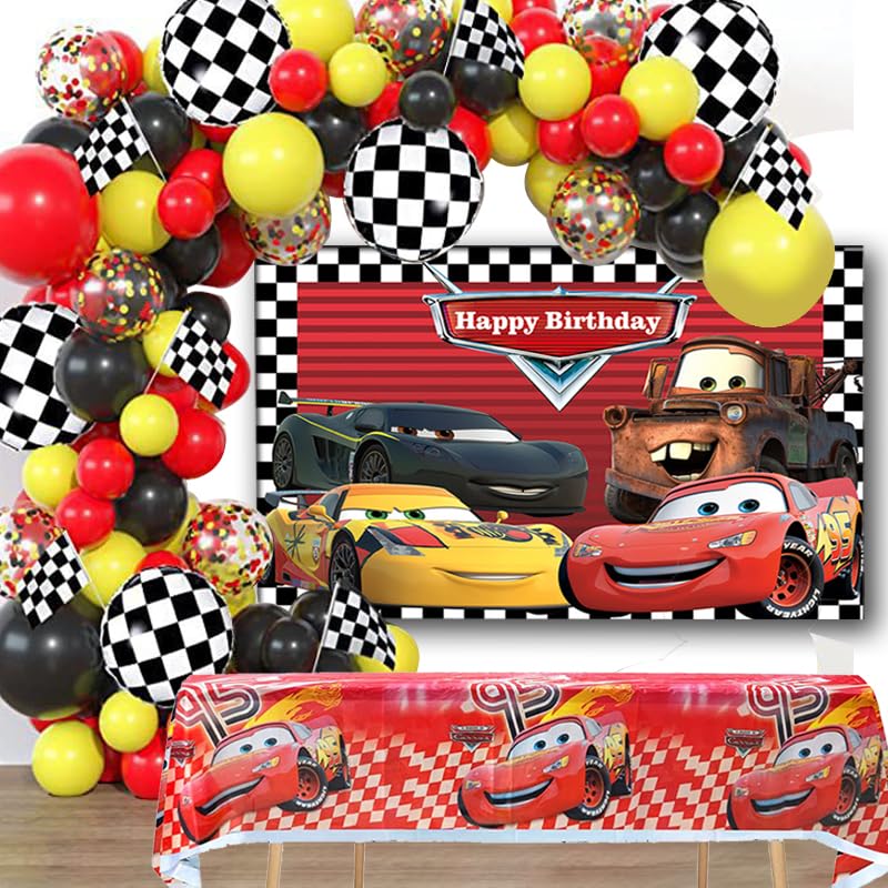 Lnkdeya Race Cars Birthday Party Decoration-144Pcs Racing Cars Checked Balloon Garland Kit Cars Banner Racing Backdrop Tablecloth