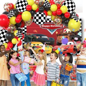 Lnkdeya Race Cars Birthday Party Decoration-144Pcs Racing Cars Checked Balloon Garland Kit Cars Banner Racing Backdrop Tablecloth