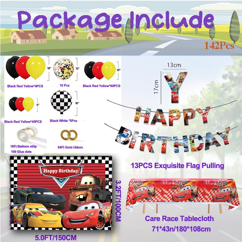 Lnkdeya Race Cars Birthday Party Decoration-144Pcs Racing Cars Checked Balloon Garland Kit Cars Banner Racing Backdrop Tablecloth