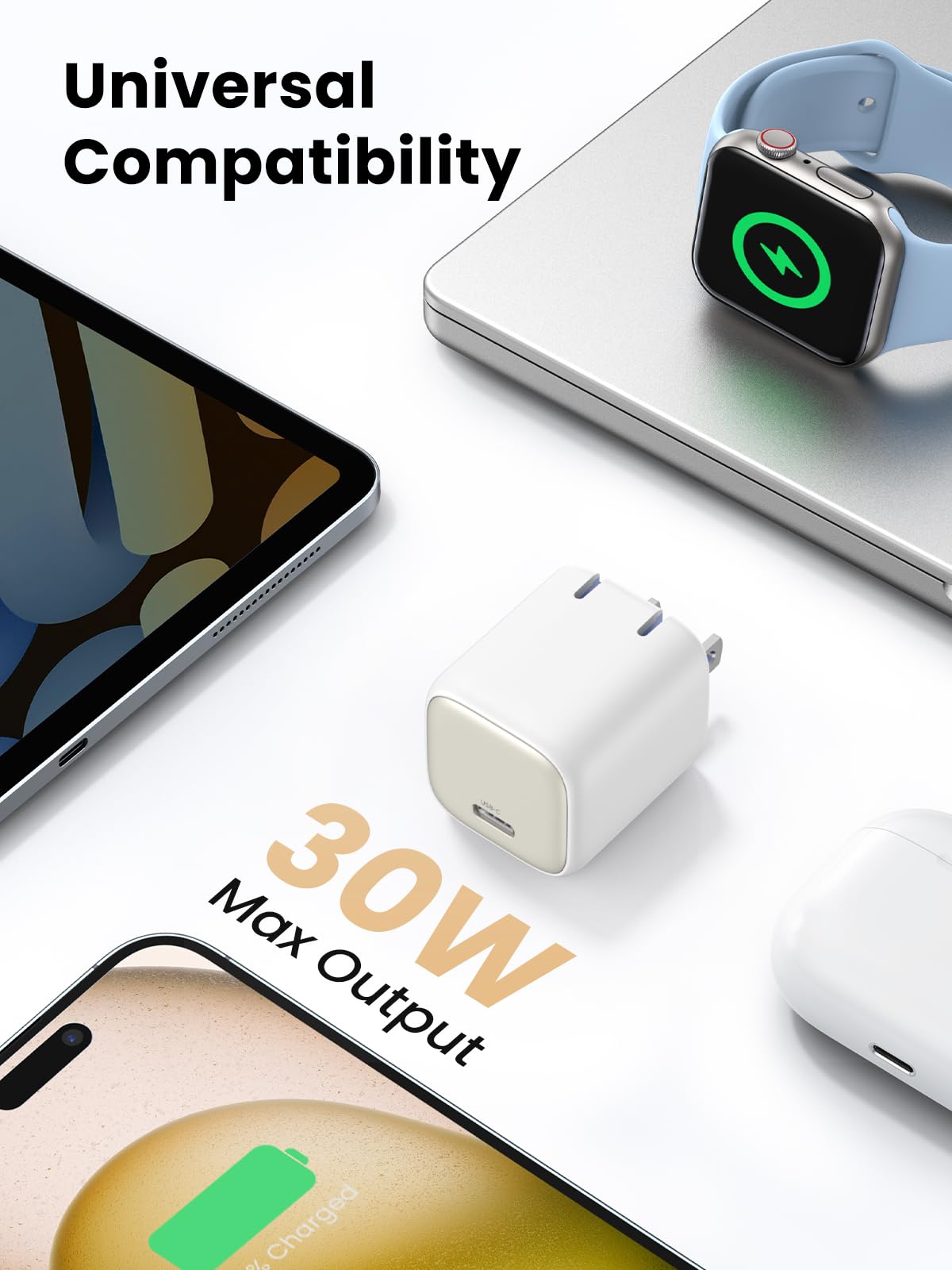 UGREEN 30W USB C Charger, Nexode Foldable GaN PPS Compact Fast Wall Charger Block, USB-C Power Adapter for iPhone 15 Pro Max/14/13, Galaxy S23 Ultra, Google Pixel 7, MacBook Air, iPad Pro (White)