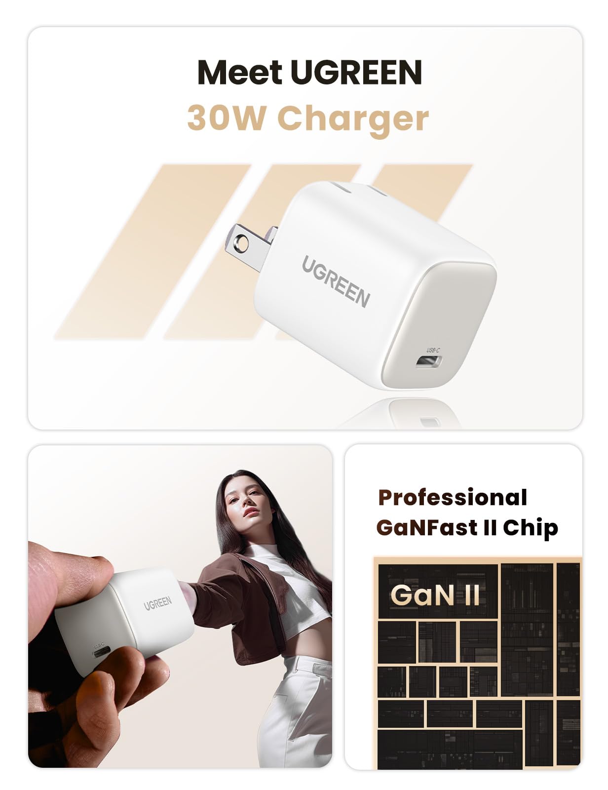 UGREEN 30W USB C Charger, Nexode Foldable GaN PPS Compact Fast Wall Charger Block, USB-C Power Adapter for iPhone 15 Pro Max/14/13, Galaxy S23 Ultra, Google Pixel 7, MacBook Air, iPad Pro (White)