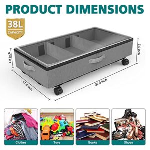 3rd Generation Under Bed Storage with Wheels 2-in-1 Underbed Storage Bins Containers Label Shoe Storage Organizer Drawer Bag Clear Window Solid Fabric for Bedroom Clothes Shoe Blanket (two-grey)