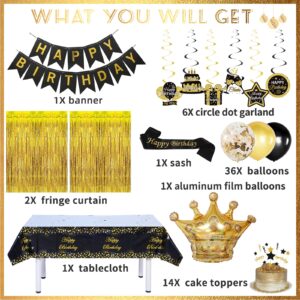 Black and Gold Birthday Decorations for Men Women, Black and Gold Party Decorations Include Crown Hanging Swirls Curtains Tablecloth Cake Toppers Banner for Gold and Black Birthday Decorations for Dad