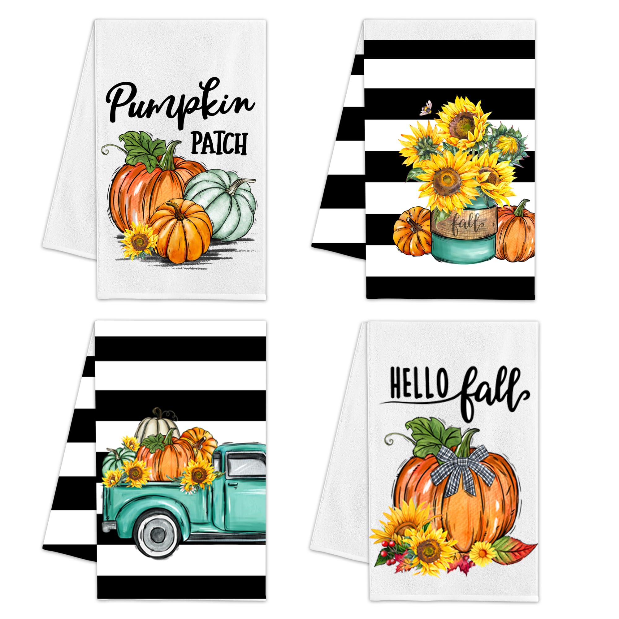 Hexagram Fall Kitchen Towels Set of 4-16x23.5 Inch Thanksgiving Decorative Hand Towels for Kitchen with Pumpkins