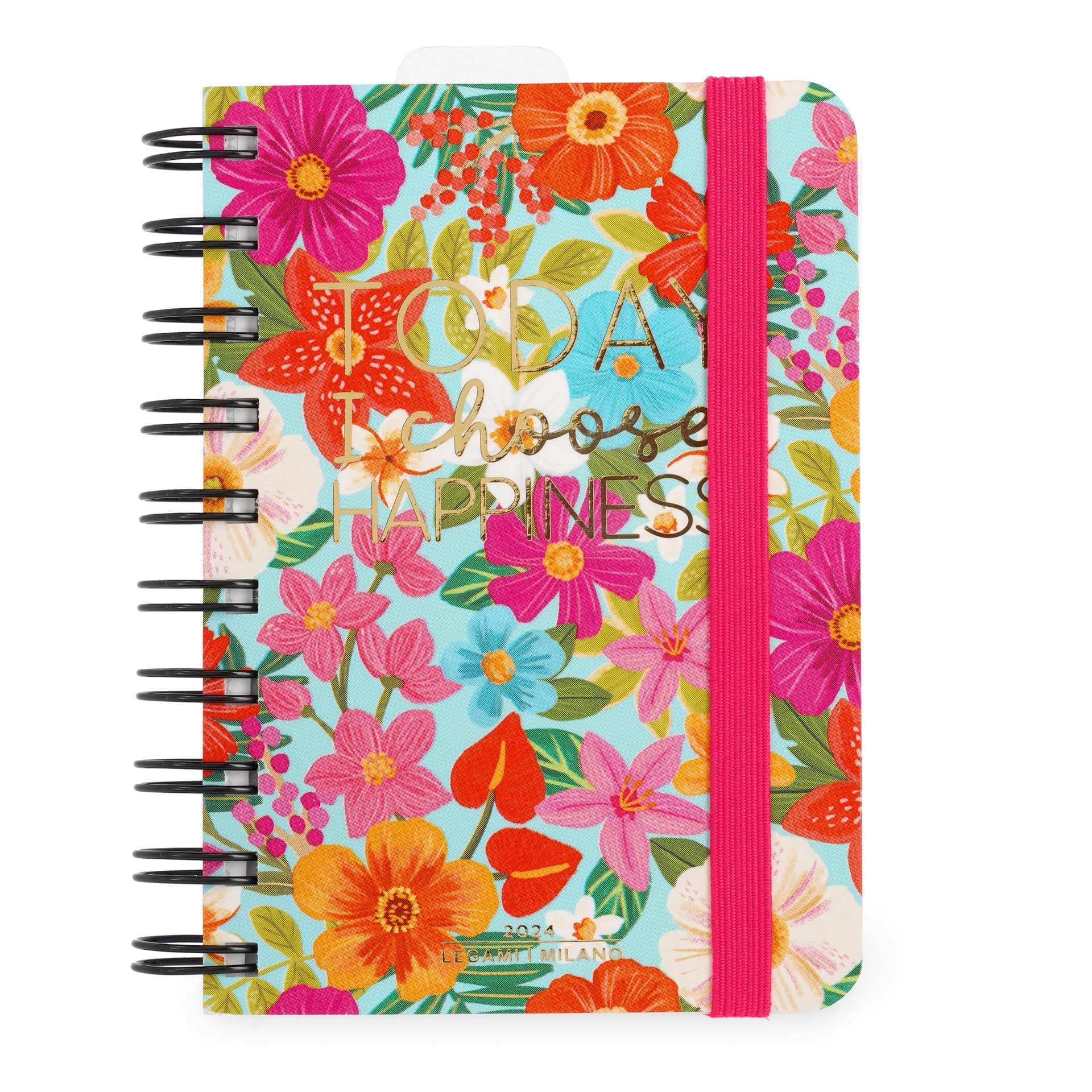 Legami - Small Spiral Daily Diary, 12 Months, from January 2024 to December 2024, Folding Planner 2024/2025, Elastic Closure, Final Pocket, Address Book, 8.5x13 cm, Flowers Theme