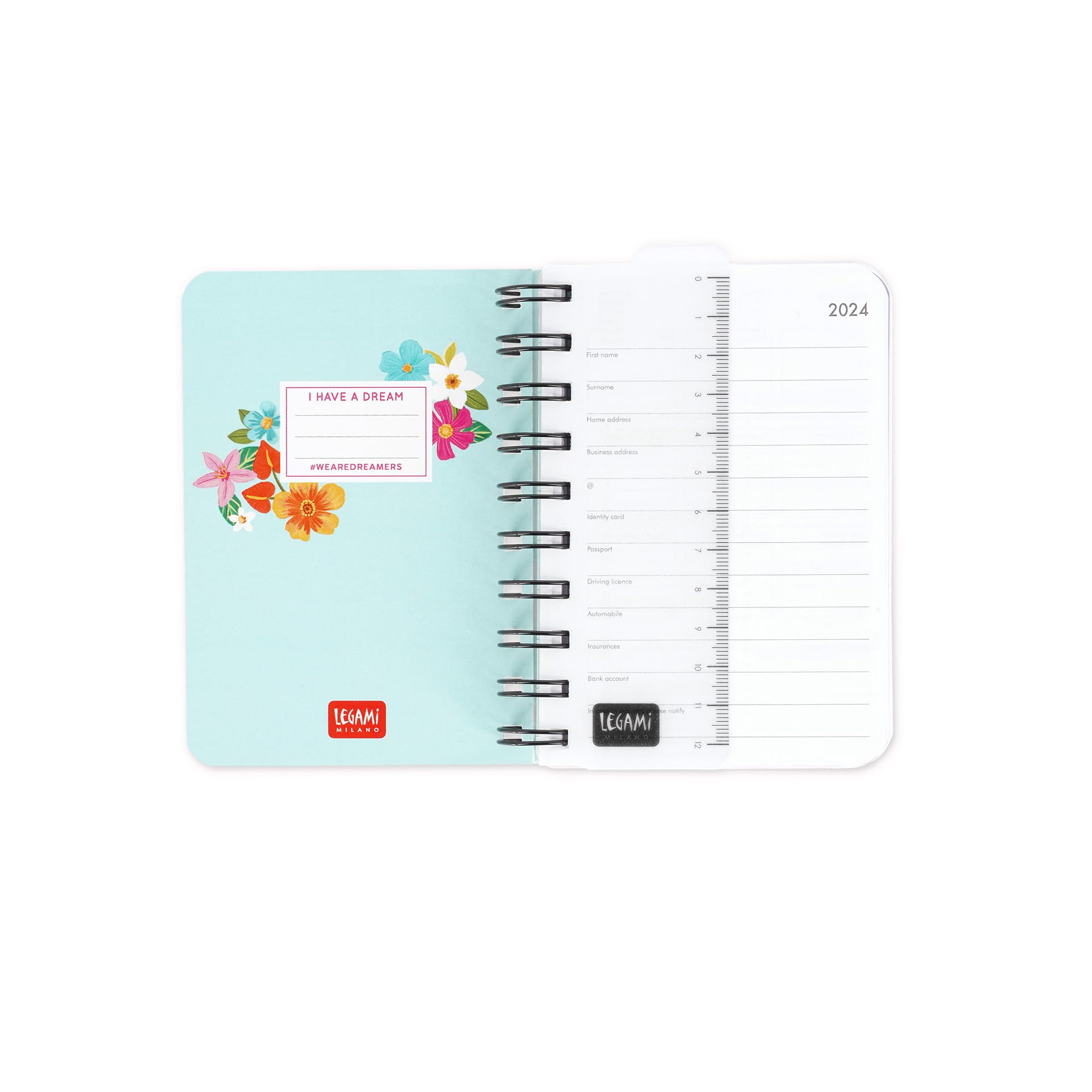 Legami - Small Spiral Daily Diary, 12 Months, from January 2024 to December 2024, Folding Planner 2024/2025, Elastic Closure, Final Pocket, Address Book, 8.5x13 cm, Flowers Theme