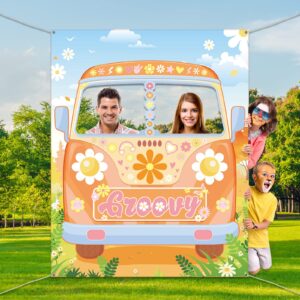 Hippie Bus Photo Prop, Groovy Birthday Party Decorations Large Fabric Hippie Bus Photo Door Banner Background Funny Selfie Frame Backdrop for 60's 70's Party Favors, 59 x 47.2 Inch (Cute Style)