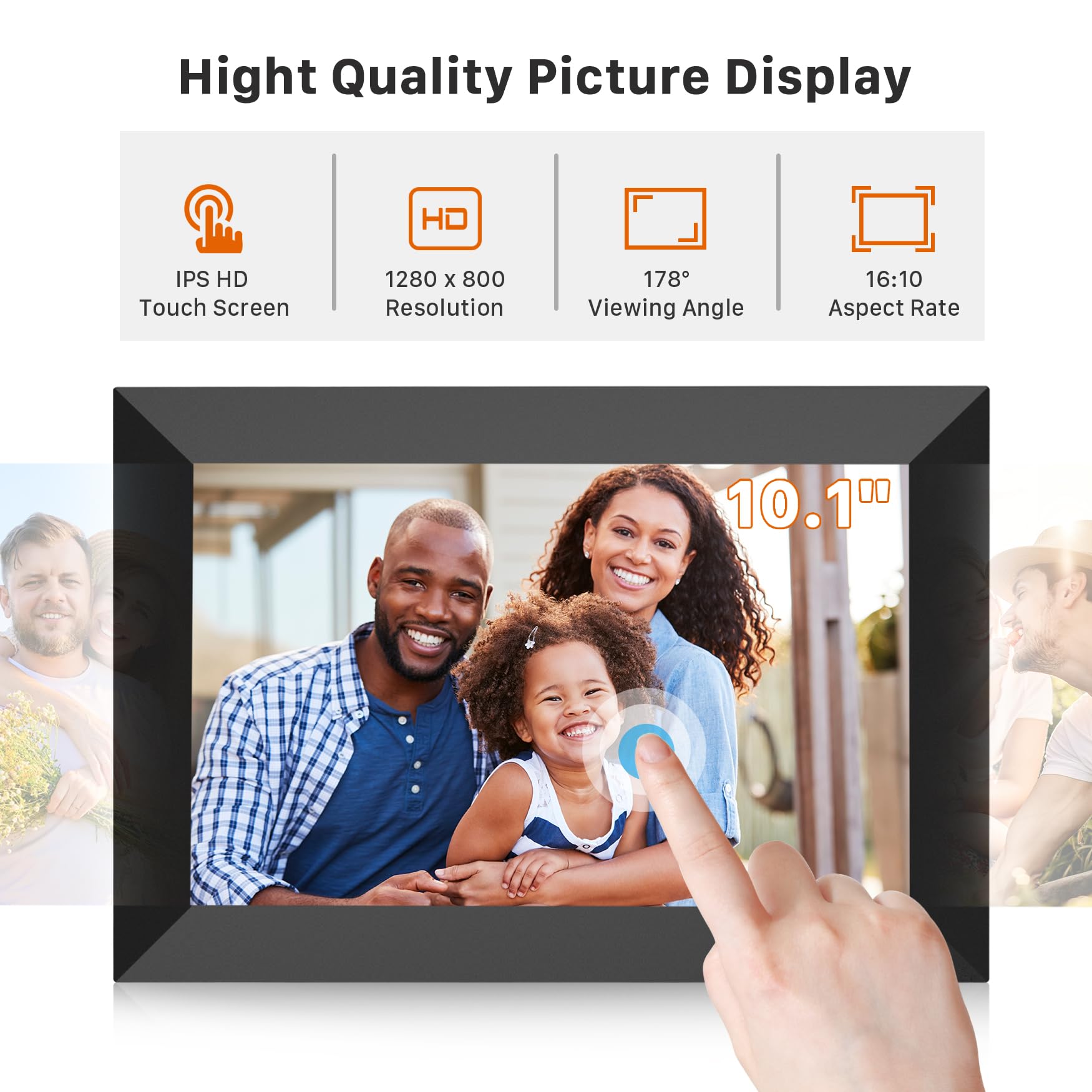 FANGOR 10.1 Inch WiFi Digital Picture Frame 1280x800 HD IPS Touch Screen, Electronic Smart Photo Frame with 32GB Storage, Auto-Rotate, Instantly Share Photos/Videos via Uhale App from Anywhere