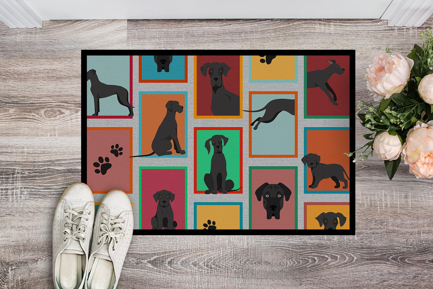 Caroline's Treasures MLM1156MAT Lots of Black Great Dane Doormat 18x27 Front Door Mat Indoor Outdoor Rugs for Entryway, Non Slip Washable Low Pile, 18H X 27W