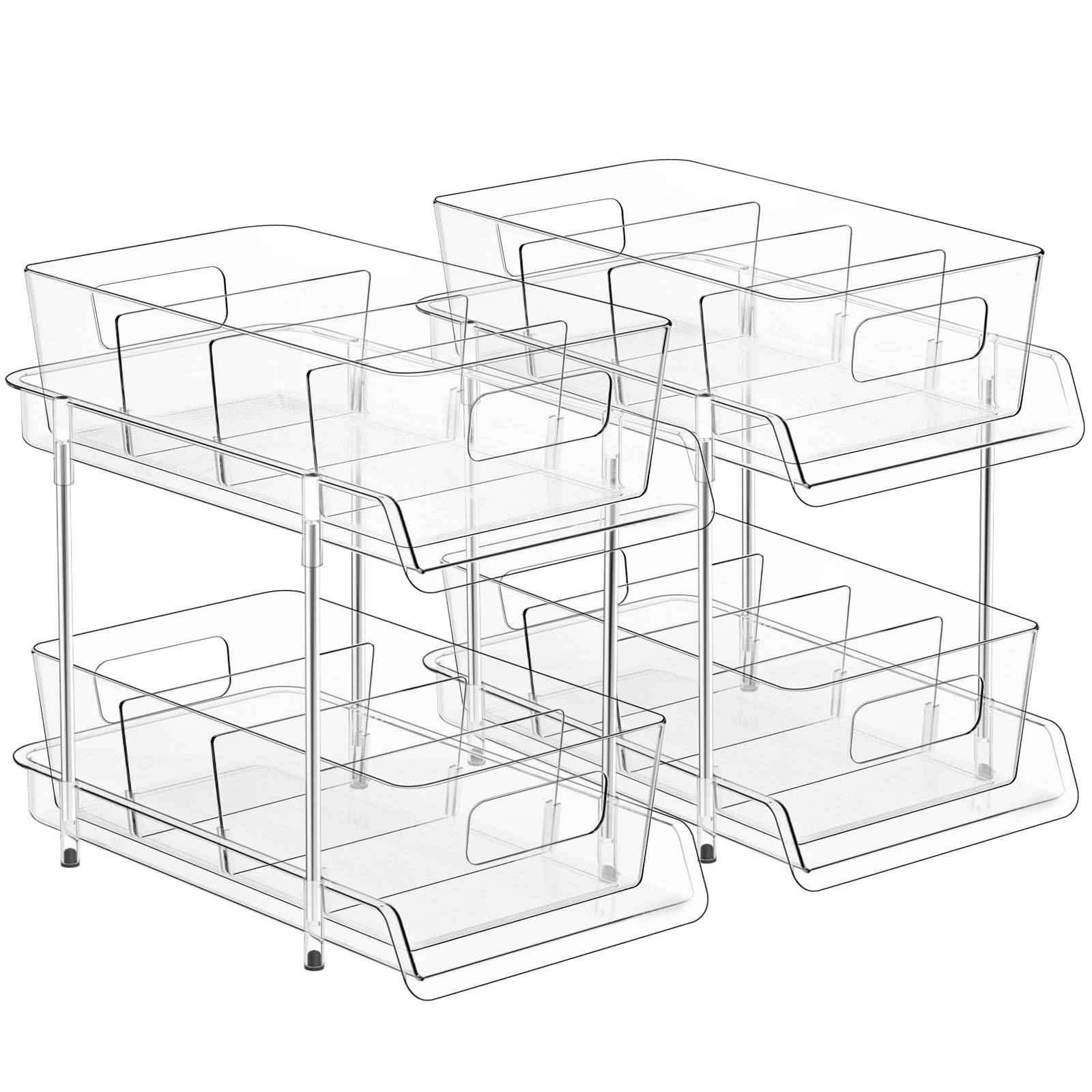 Delapuwea 2 Tier Clear Organizer with Dividers, Multi-Purpose Pull Out Cabinet Organizer, Bathroom Vanity Counter Drawer Organizers, Under Sink Organizer, Kitchen Pantry Cabinet Medicine Bins, 2 Set