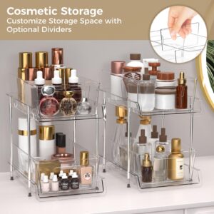 Delapuwea 2 Tier Clear Organizer with Dividers, Multi-Purpose Pull Out Cabinet Organizer, Bathroom Vanity Counter Drawer Organizers, Under Sink Organizer, Kitchen Pantry Cabinet Medicine Bins, 2 Set